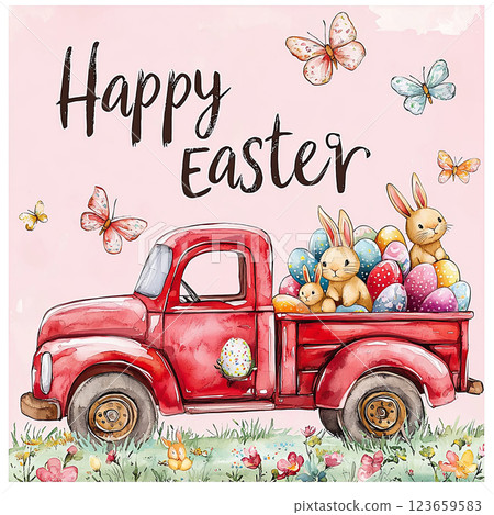 Happy Easter themed red truck with colorful... - Stock Illustration ...