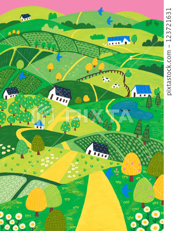 A rural landscape illustration drawn with... - Stock Illustration ...