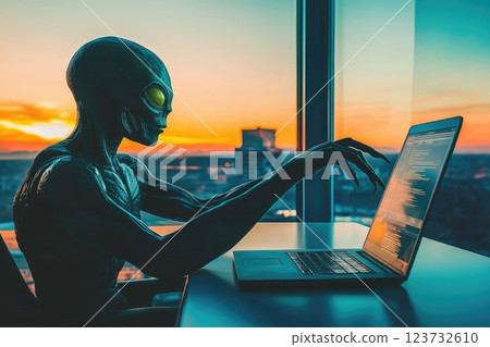 Mysterious Alien Working on a Laptop Against a... - Stock Illustration ...