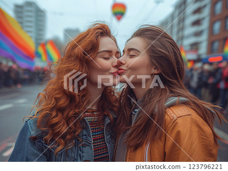 Young happy lesbian couple kissing on LGBTQ... - Stock Illustration ...