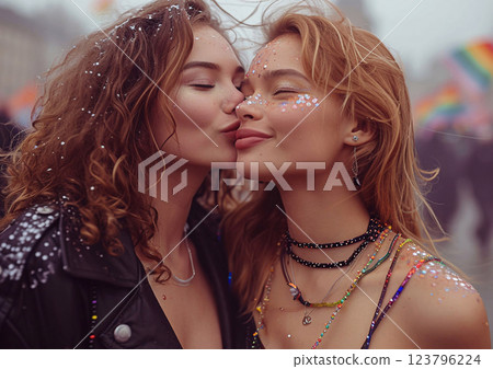 Young happy lesbian couple kissing on LGBTQ... - Stock Illustration ...