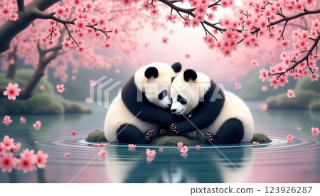 Pandas cuddle together on a calm lake... - Stock Illustration ...