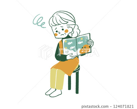 Woman having trouble reading picture books - 4... - Stock Illustration ...