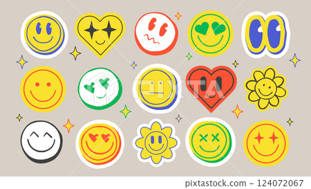 Groovy emoji stickers set isolated on background - Stock Illustration ...