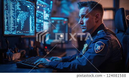 focused police officer working at multiple... - Stock Illustration ...