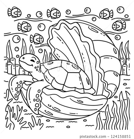 Turtle Inside a Clam Shell Coloring Page for Kids - Stock Illustration ...