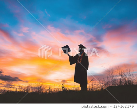 Silhouette of a graduate raising a diploma...-插圖素材 [124162179] - PIXTA圖庫