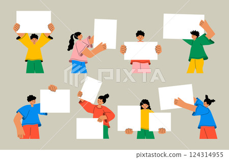 Holding banners. Stylized characters male and... - Stock Illustration ...