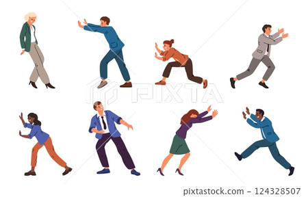 Men and women pushing in different poses.... - Stock Illustration ...