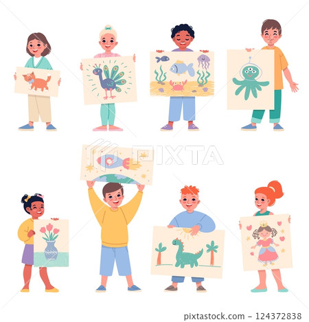 Cute kids show off their drawings. Funny young... - Stock Illustration ...