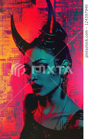 woman with devil horns, female evil halloween... - Stock Illustration ...