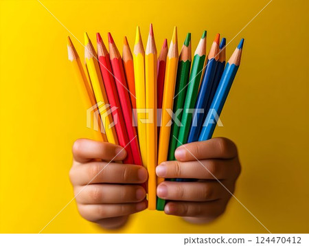 Child hands tenderly holding colorful pencils,... - Stock Illustration ...