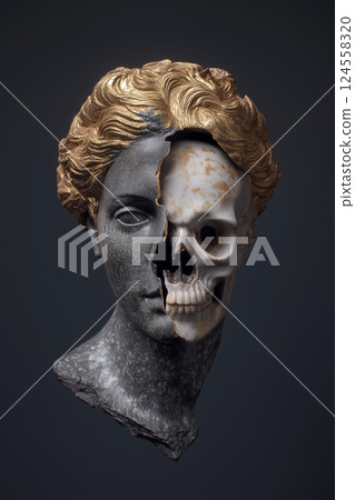 Fragmented statue, gold and marble, human skull... - Stock Illustration ...
