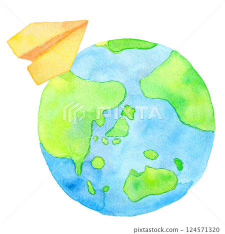 Watercolor illustration: Earth and paper airplane - Stock Illustration ...