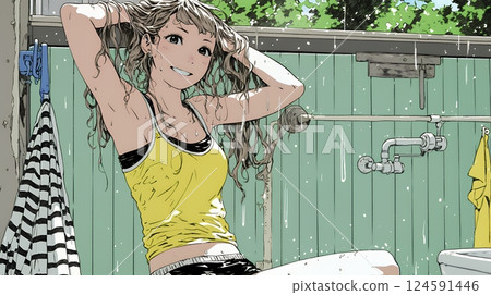 Young woman with wet hair after a hair shower - Stock Illustration ...