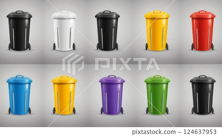A variety of trash bins in multiple colors...-插圖素材 [124637953] - PIXTA圖庫