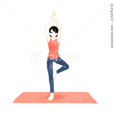 Woman doing the standing tree pose (Vrksasana)... - Stock Illustration ...