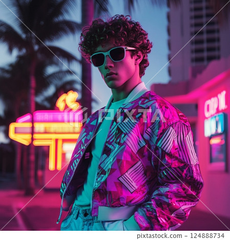 Retro 80s Neon Style Fashion Male Model in... - Stock Illustration ...