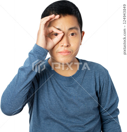 Young man showing okay sign over eyes. - Stock Illustration [124943849 ...
