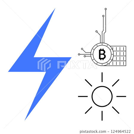Blue lightning bolt next to a Bitcoin symbol... - Stock Illustration ...