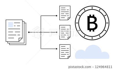 Multiple documents connected to Bitcoin symbol... - Stock Illustration [124964811] - PIXTA