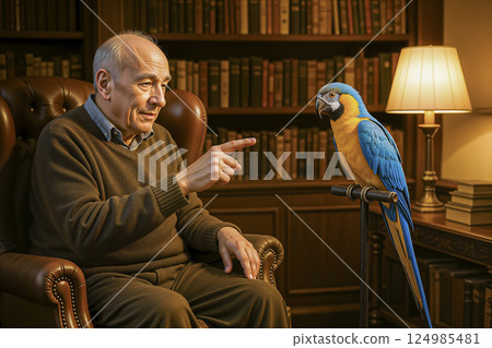 Elderly man interacting with colorful parrot in... - Stock Illustration ...