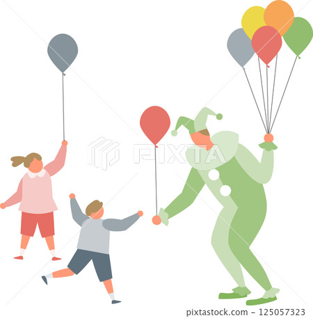 People and children dressed as clowns handing... - Stock Illustration ...