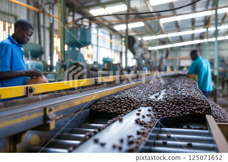 Coffee beans being transported on conveyor belt...-插圖素材 [125071652 ...