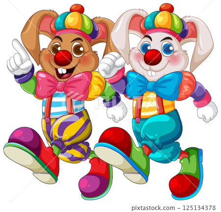 Colorful Cartoon Clown Rabbits in Playful Pose - Stock Illustration ...