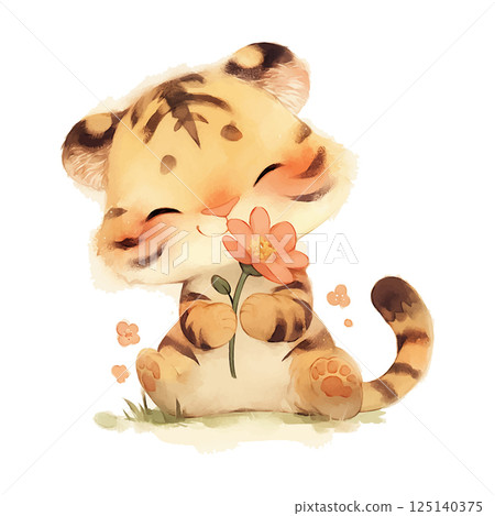 Cute tiger cub happily holding a flower in a...-插圖素材 [125140375] - PIXTA圖庫