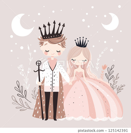 Cute prince and princess holding hands, boy and... - Stock Illustration ...