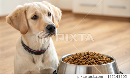 Pet food concept, Labrador with bowl of dog...-插圖素材 [125145305] - PIXTA圖庫