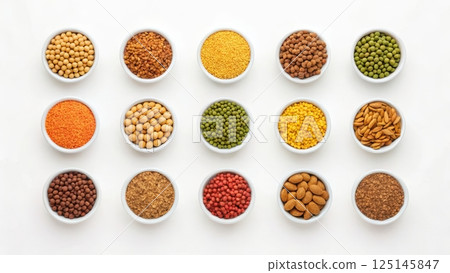 Colorful variety of pulses in bowls on white...-插圖素材 [125145847] - PIXTA圖庫