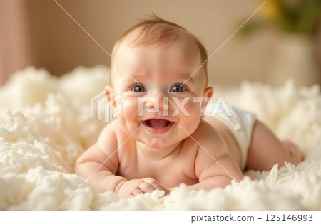 Portrait of happy newborn baby lying down,... - Stock Illustration [125146993] - PIXTA