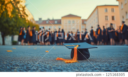 Graduation cap placed on ground with students... - Stock Illustration ...