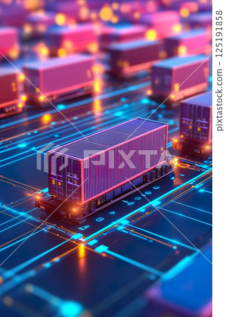Futuristic shipping containers on neon lit... - Stock Illustration ...