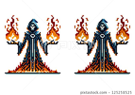 Pixel art wizard in a dark robe with blue and... - Stock Illustration ...