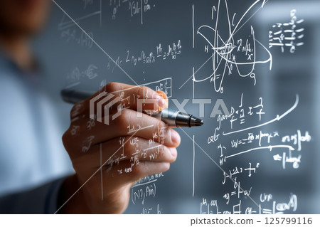 Scientist writing complex equations on virtual... - Stock Illustration ...