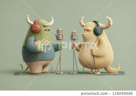 Two cartoon monsters with headphones and...-插圖素材 [126049086] - PIXTA圖庫