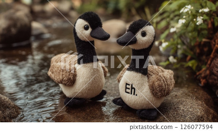 Adorable plush canadian geese by stream in... - Stock Illustration ...