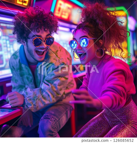 Retro 80s Couple Playing Arcade Games in Neon... - Stock Illustration ...