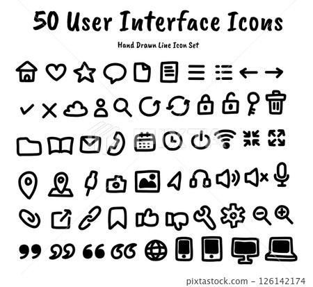 Hand-drawn user interface line icon set of 50... - Stock Illustration ...