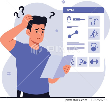 Confused Man Reading Gym Workout Plan Vector... - Stock Illustration ...