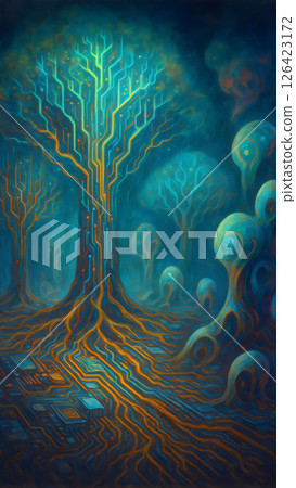 Glowing circuit trees in the Tech Forest - Stock Illustration ...