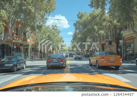 Sunny day street scene, cars driving down a... - Stock Illustration ...