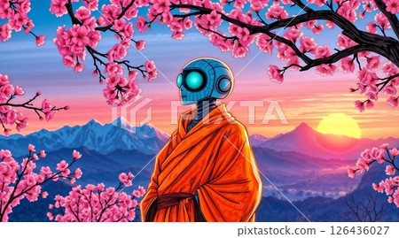 robot in orange robe under cherry blossom tree...-插圖素材 [126436027 ...