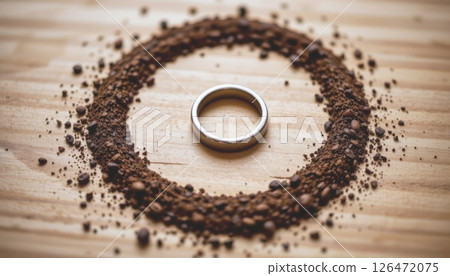 Ring surrounded by coffee grounds on a wooden...-插圖素材 [126472075] - PIXTA圖庫