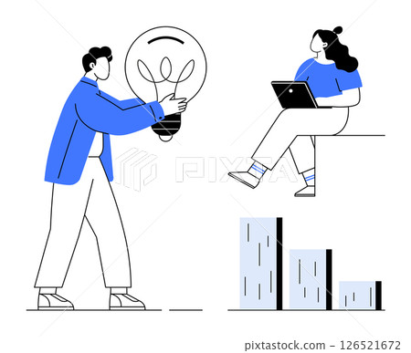 Man carrying a large light bulb and woman... - Stock Illustration ...