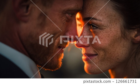 Close Up Romantic Couple Portrait at Sunset-插圖素材 [126661731] - PIXTA圖庫
