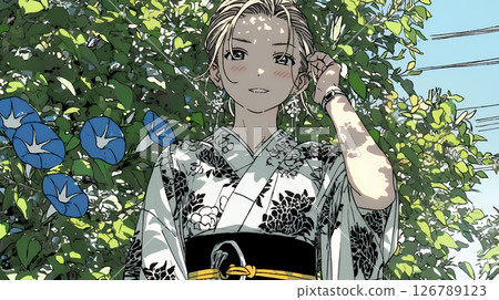 Morning glory and a young woman in a yukata - Stock Illustration ...